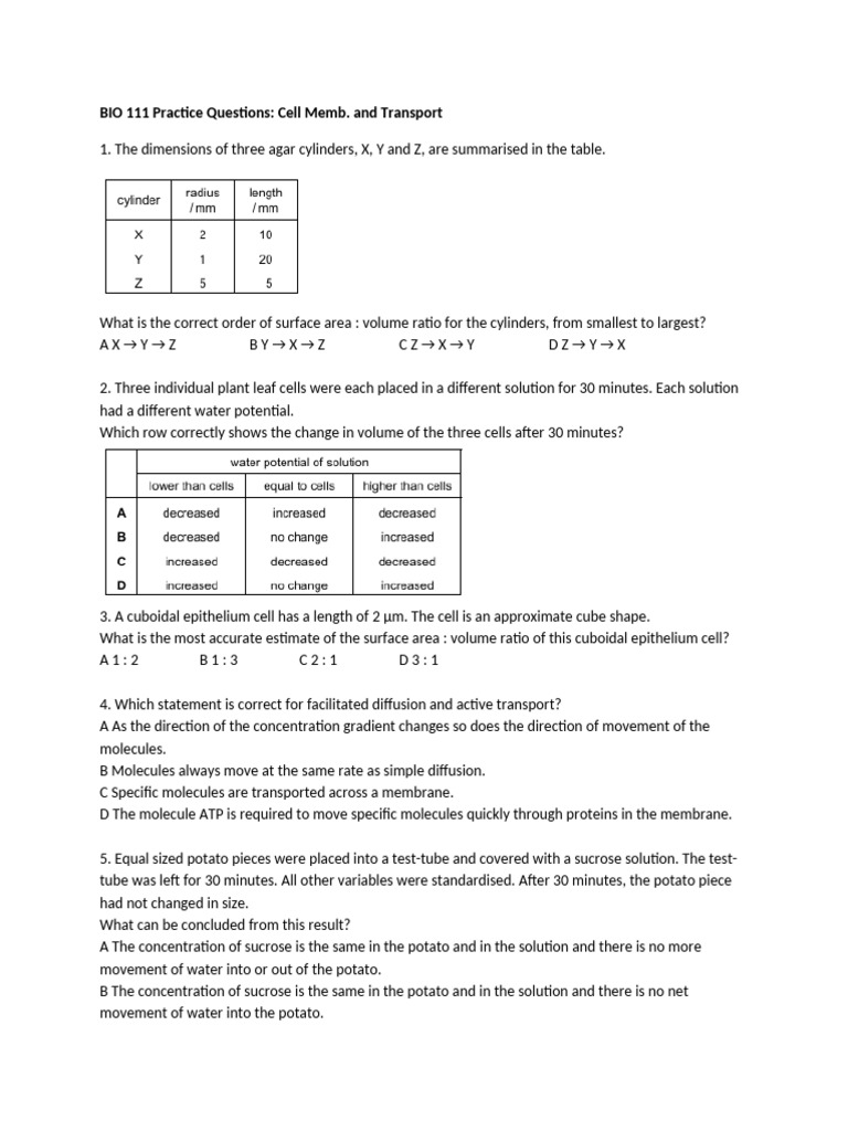 BIO 111 Practice Questions - Cell Memb. and Transport | PDF | Cell ...