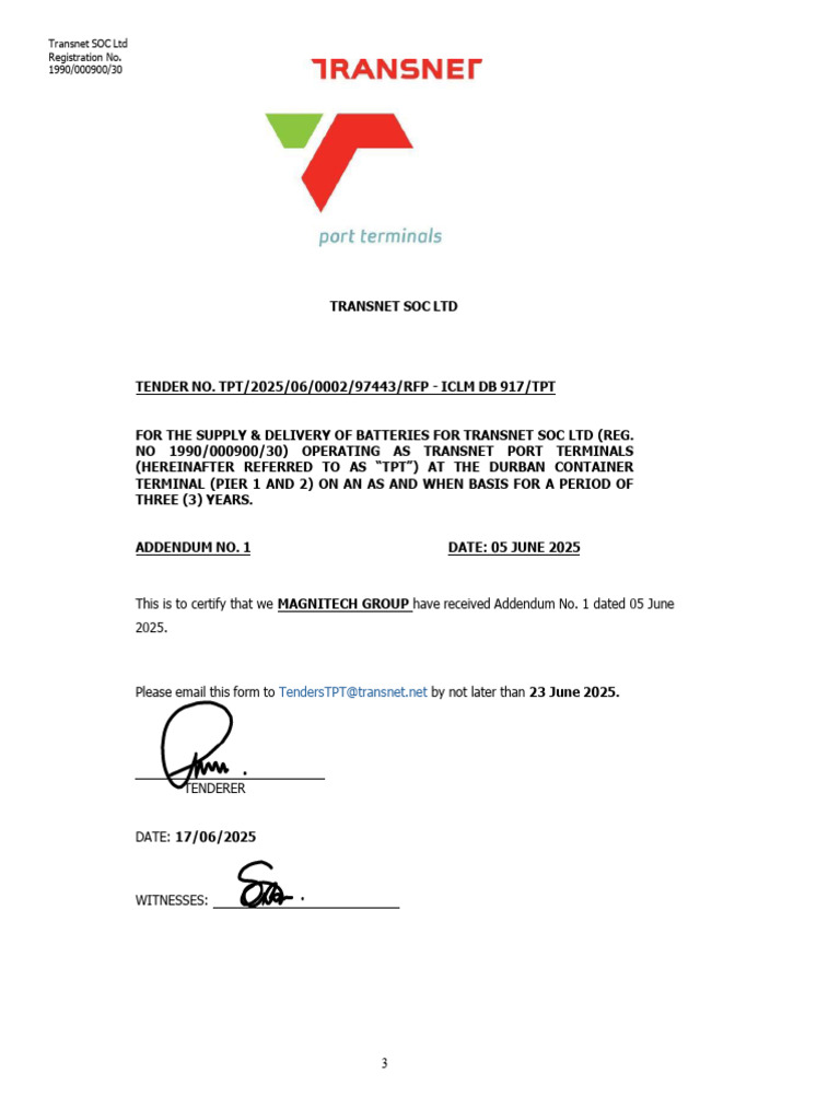 Addendum No.1 MAGNITECH GROUP PTY LTD Transnet | PDF