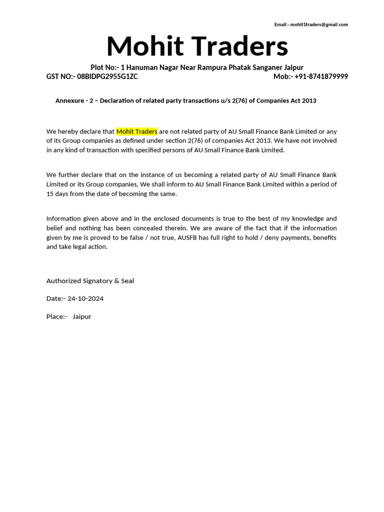 Annexure - 2 Related Party Self Declaration Form | PDF