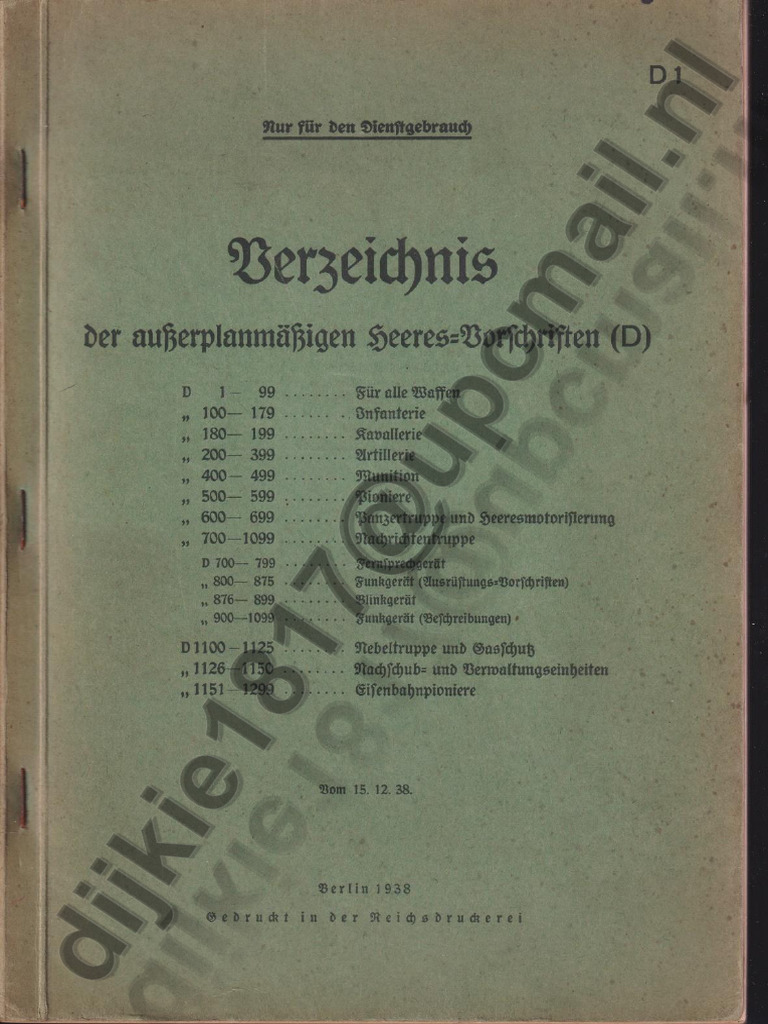 D - 1 - Verzeichnis Der Außerplanmäßigen Heeres-Vorschriften (D) - 1938 | PDF