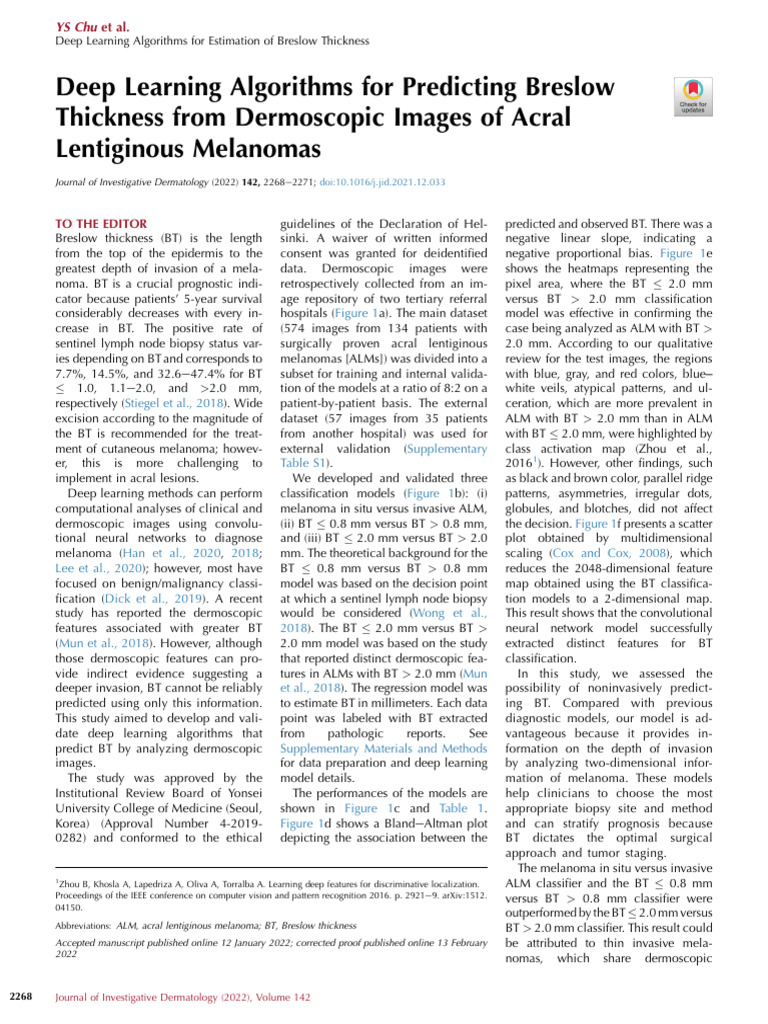 CHU 20 Deep Learnig For Predicting Breslow Acral Melanma | PDF | Melanoma | Deep Learning