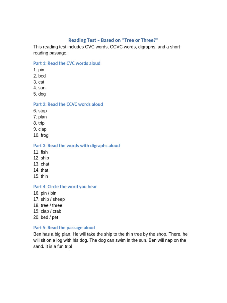 Tree or Three Reading Test | PDF