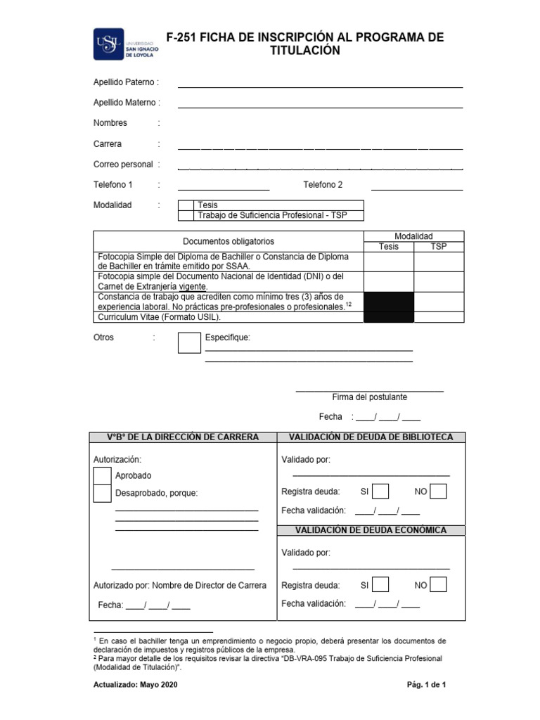 F-251 Ficha de Inscripción Al Programa Titulación Formato Editable | PDF