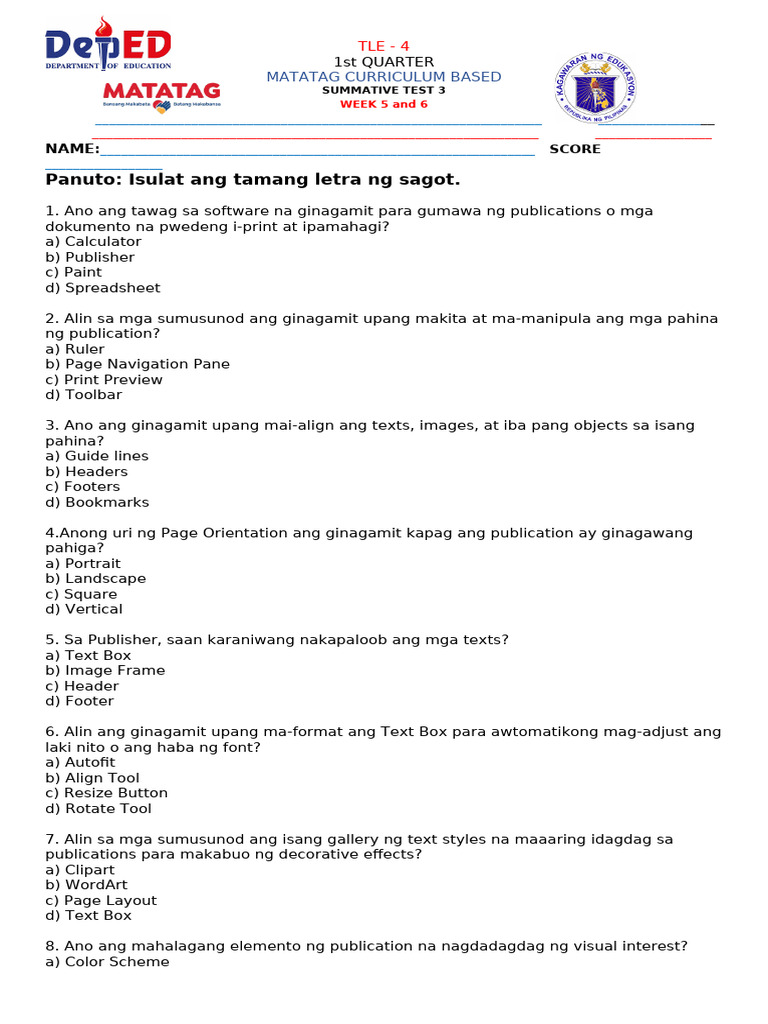 Panuto: Isulat Ang Tamang Letra NG Sagot.: Matatag Curriculum Based | PDF