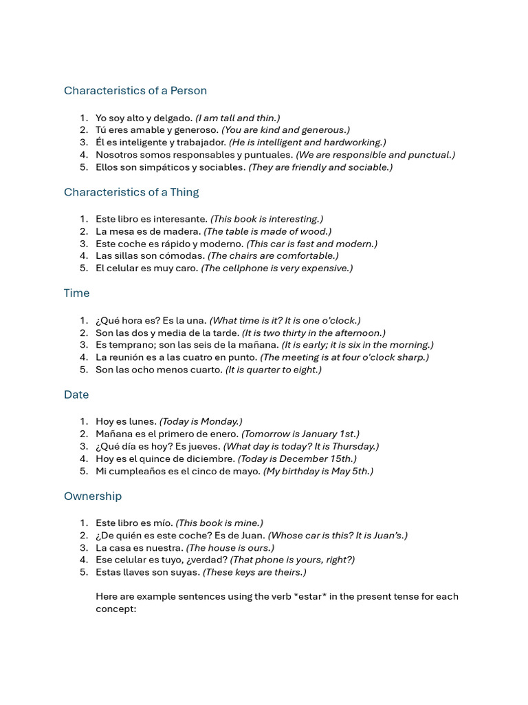 Ser y Estar More Example Sentences | PDF