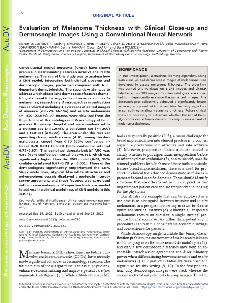 GILLSTED Evaluation of Melanoma Thickness With Clinical Close Up and Dermoscopic Images Using A ...