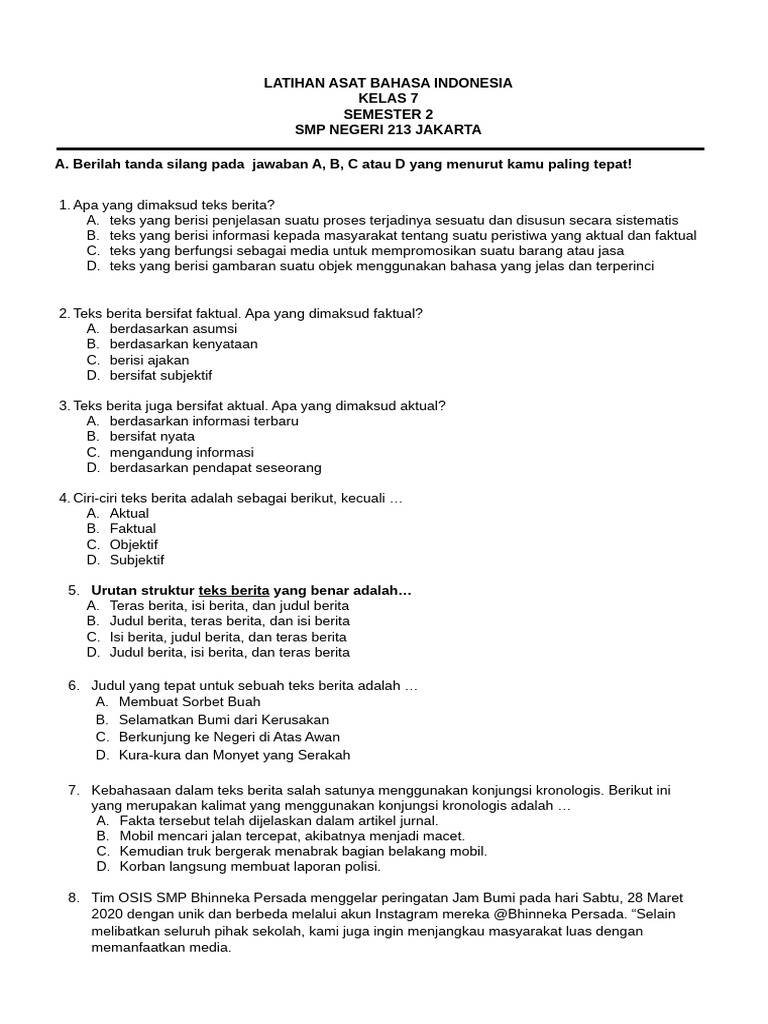 LATIHAN ASAT Matematika Kelas 7 | PDF