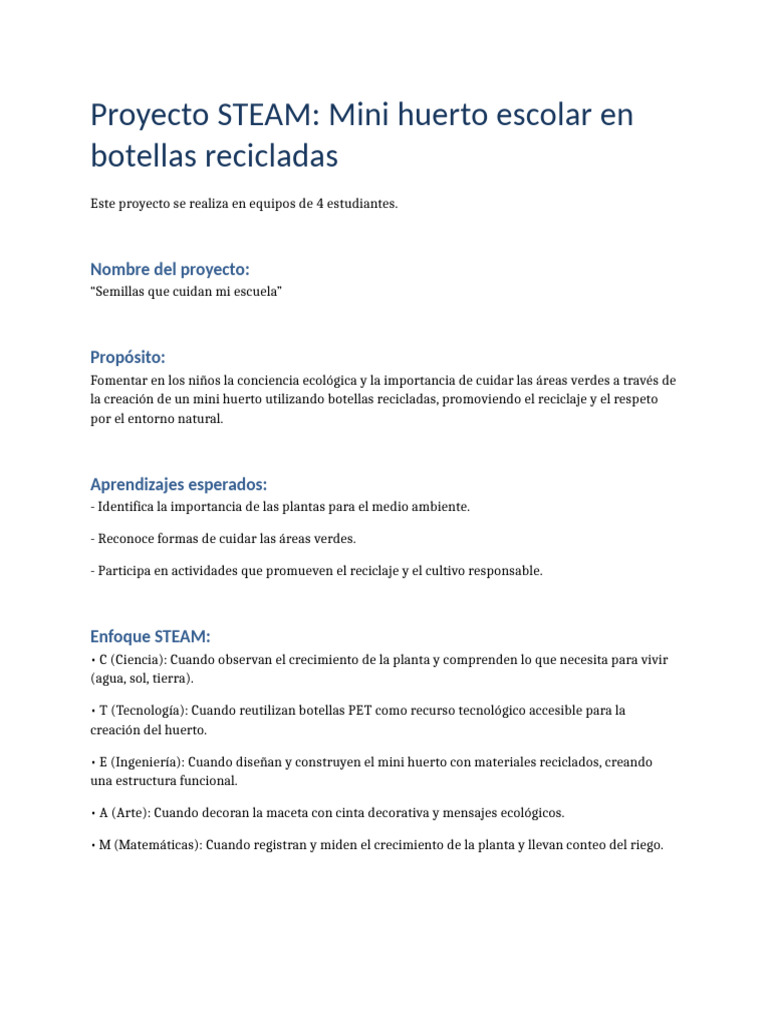 Proyecto STEAM Mini Huerto Yulissa | PDF | Reciclaje | Huerta