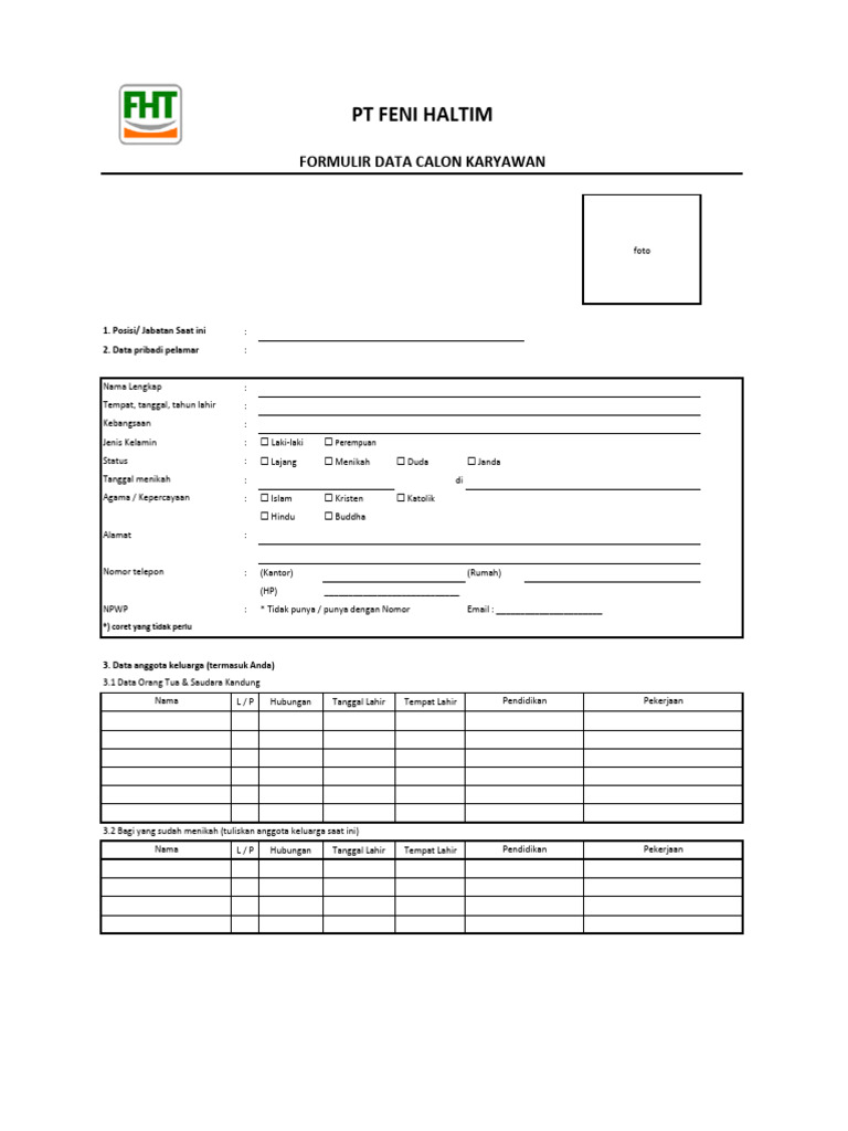 Form Calon Data Karyawan FHT | PDF