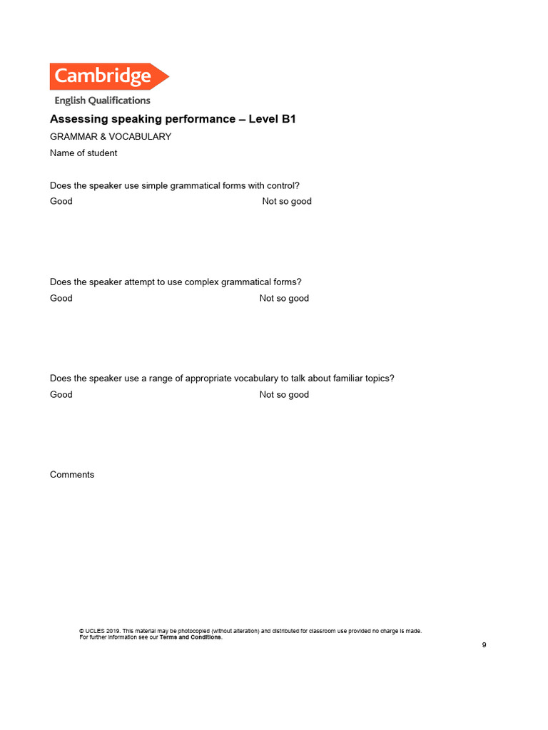 B1 Speaking Assessment Criteria Guide | PDF | Grammar | Applied Linguistics