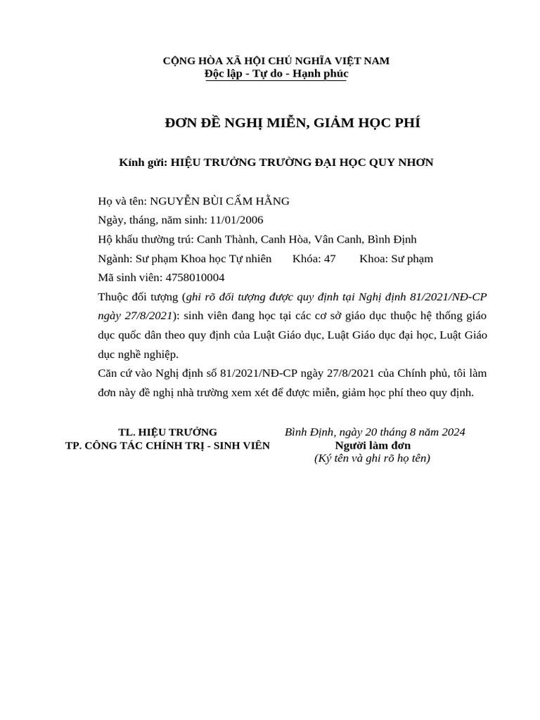 Đơn Miễn, Giảm Học Phí K46 | PDF