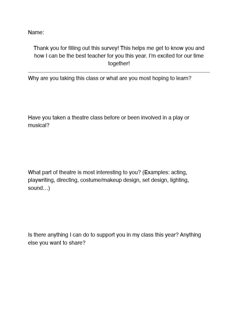 Theatre Class Student Survey Questions | PDF