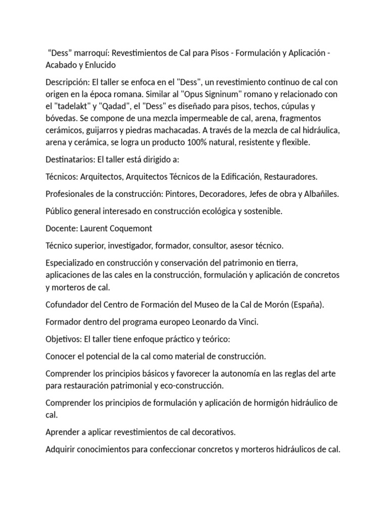 Taller de Revestimientos de Cal "Dess" | PDF | Lima (Material) | Hormigón