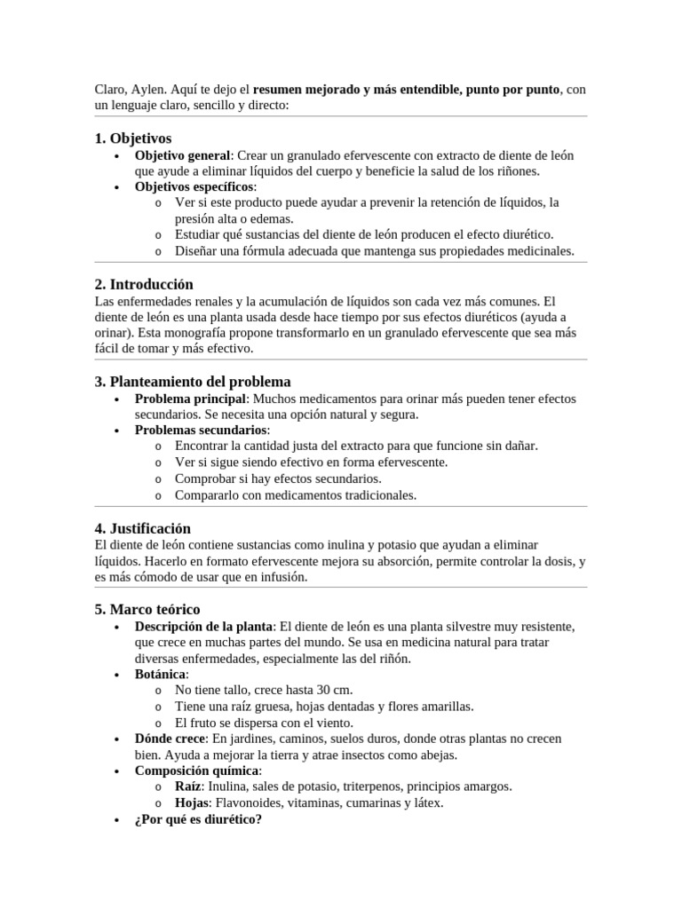 Diente de Leon Monografia Resu | PDF | Medicamentos con receta | Potasio