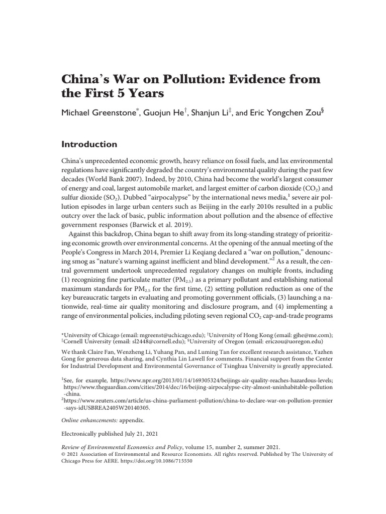 Topic 6 Chinas War On Pollution Evidence From The First 5 Years | PDF ...