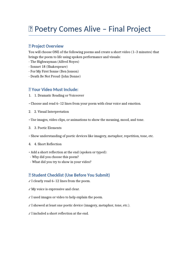 Poetry Comes Alive Project Sheet | PDF