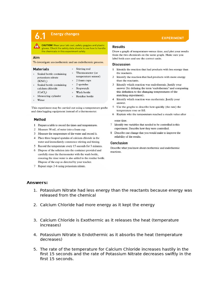 EXPERIMENT - Energy Changes (Endothermic and Exothermic) | PDF