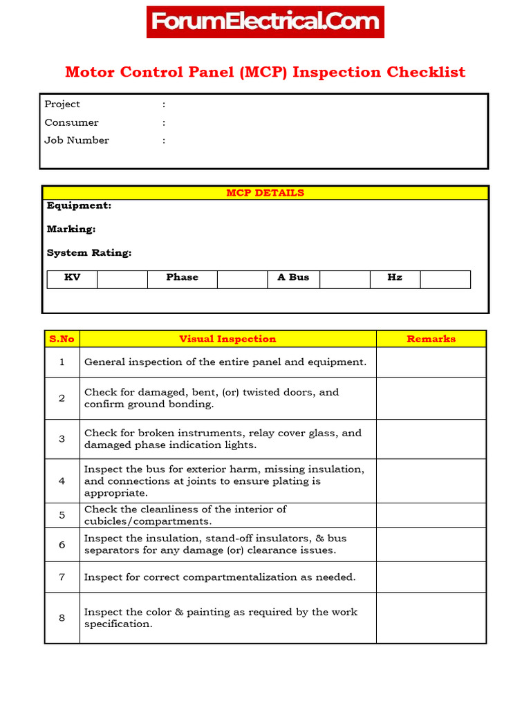 Motor Control Panel MCP Inspection Checklist | PDF | Electrical ...