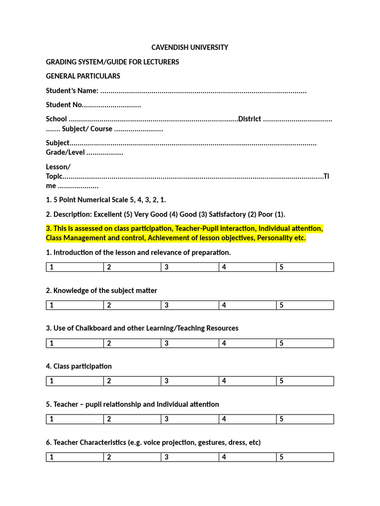 Cavendish University Student Practice Observation Form | PDF | Teachers | Chess Theory