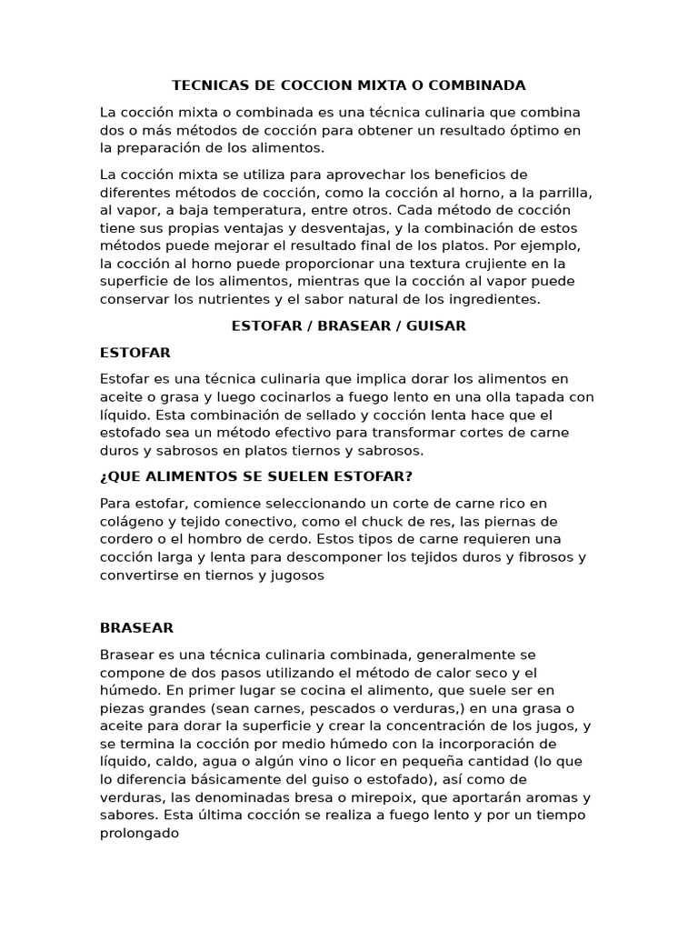Técnicas de Cocción Mixta y Combinada | PDF | Cocinando | Estofado