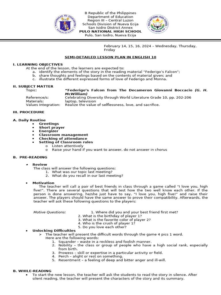 English 10 Lesson Plan: Federigo's Falcon | PDF