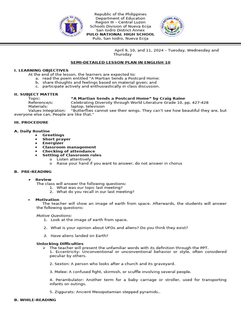 English 10 Lesson Plan: Martian Poem | PDF