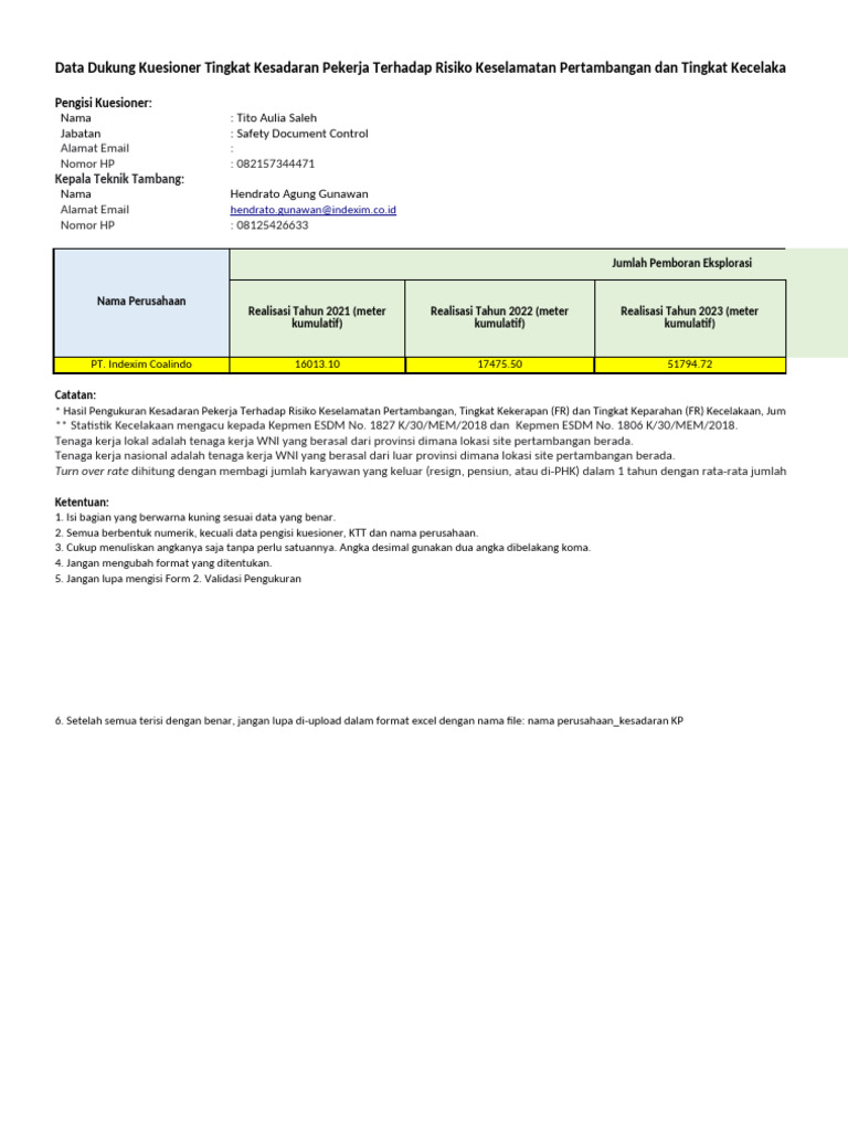 Form 1 & 2 - Data Dukung Kuesioner & Validasi PT Indexim Coalindo | PDF