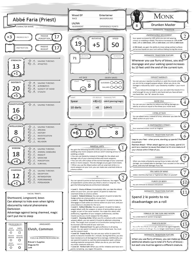 Class Character Sheet Monk V1.2 Fillable | PDF