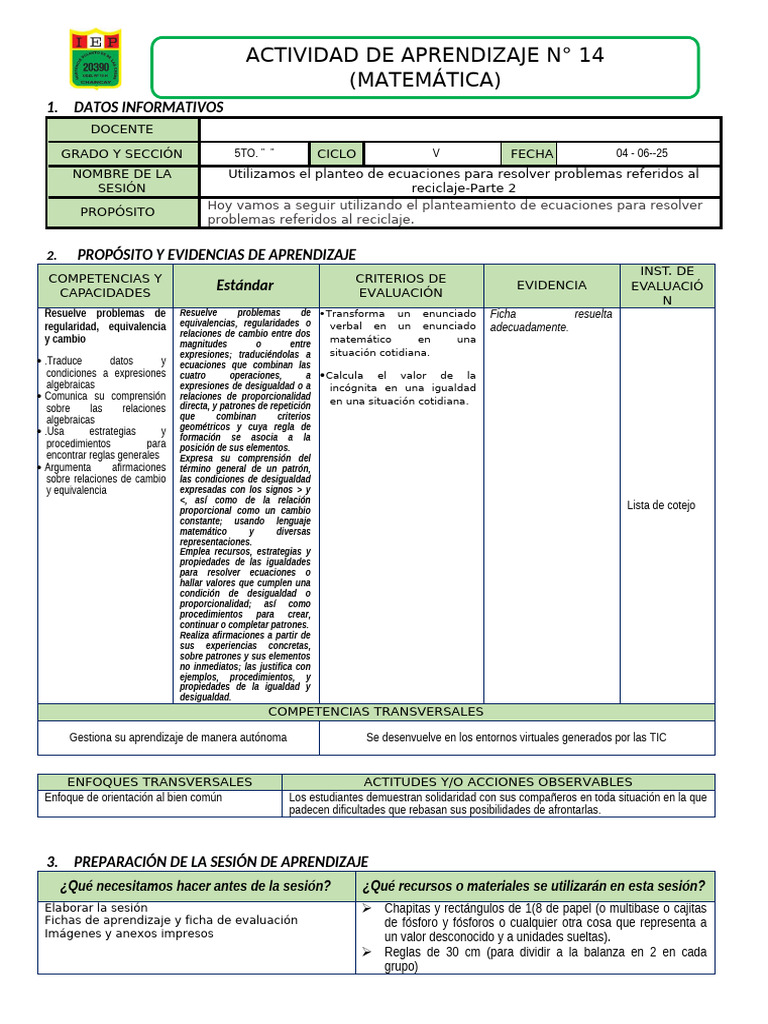 ACT MAT 2-Utilizamos El Planteo de Ecuaciones para Resolver Problemas Referidos Al Reciclaje ...