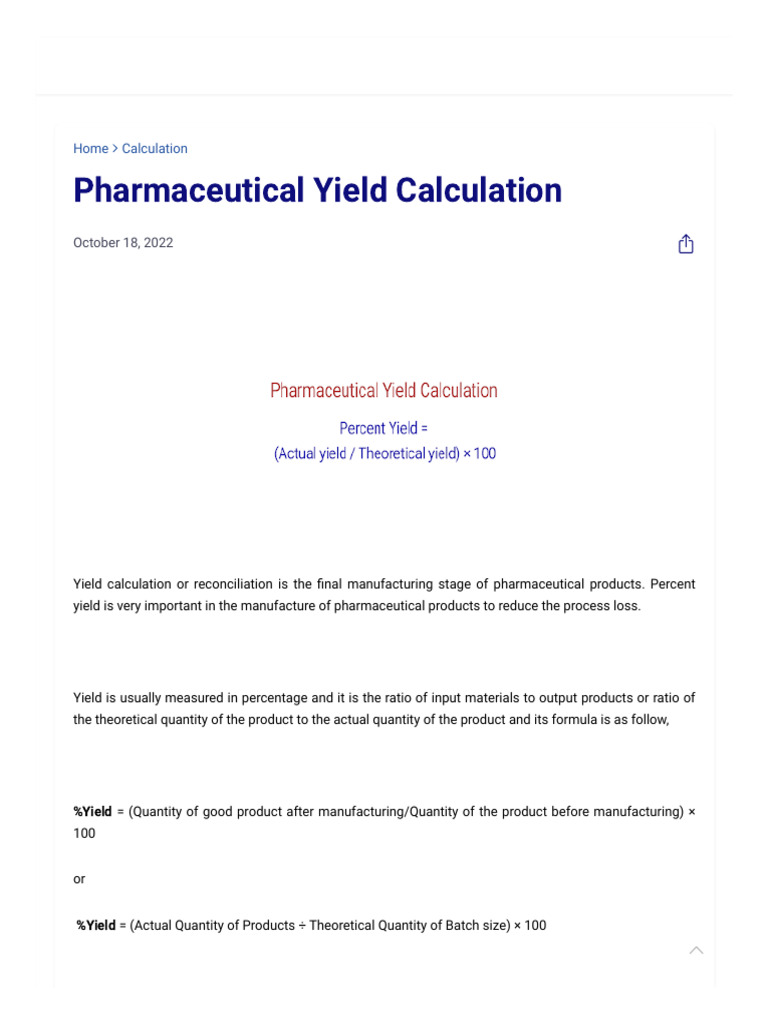 Pharmaceutical Yield Calculation Guide | PDF | Percentage