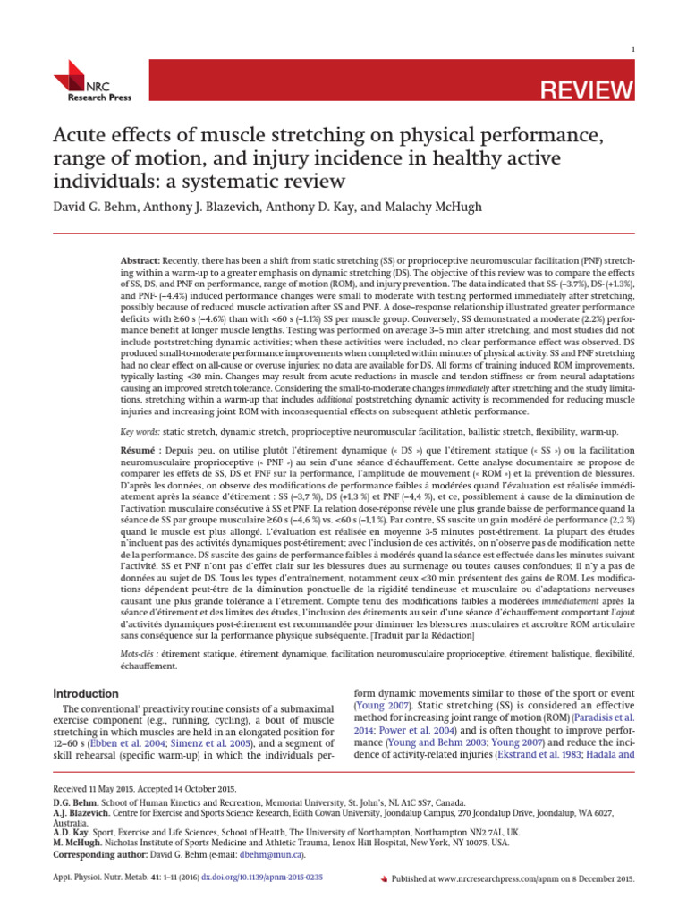 Acute Effects of Muscle Stretching On Physical Performance, Range of Motion, and Injury ...