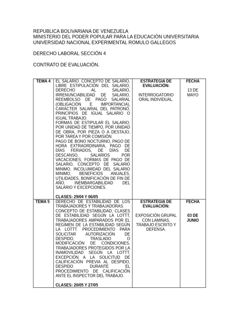 Plan de Evaluacion Derecho Laboral | PDF | Salario | Derecho laboral