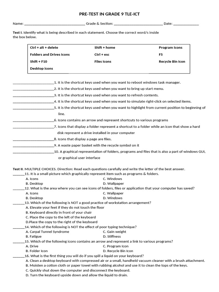 Grade 9 TLE-ICT Pre-Test Questions | PDF | Icon (Computing) | Keyboard ...