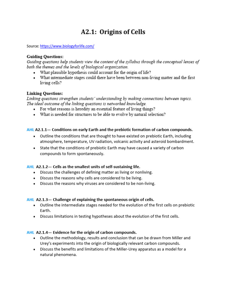 A2.1 - Origins of Cells HL | PDF | Abiogenesis | Cell (Biology)