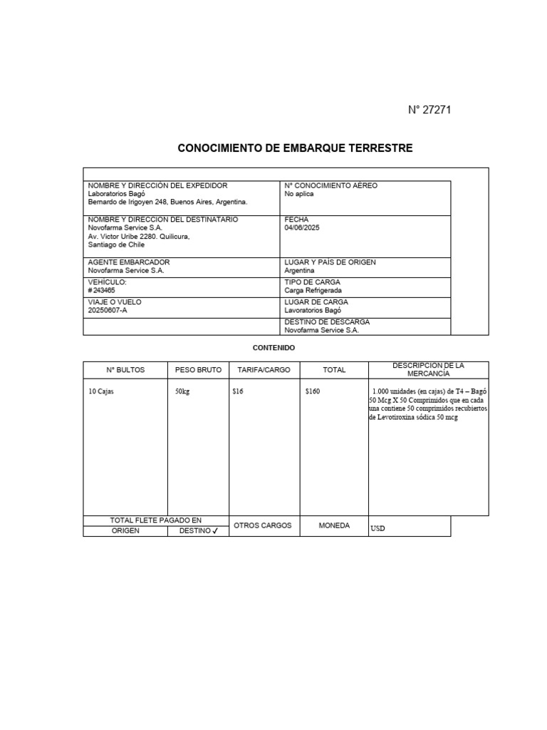 Conocimiento de Embarque Terrestre Argentina | PDF