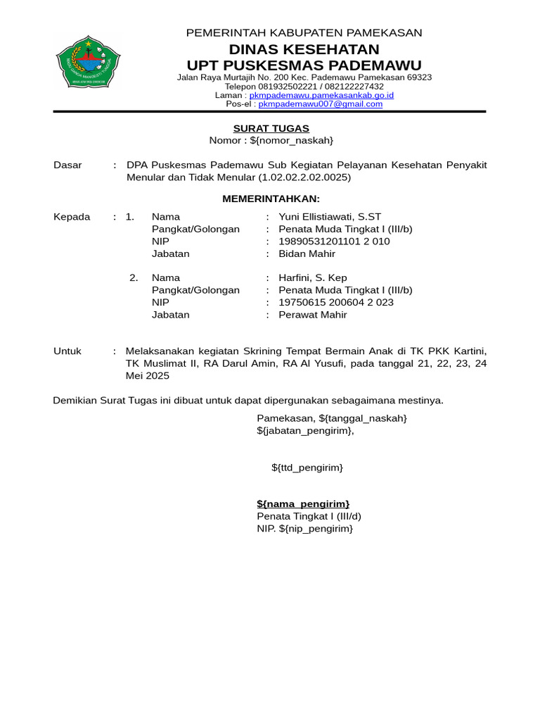 Surat Tugas Dan SPD Skrining Tempat Bermain Anak | PDF