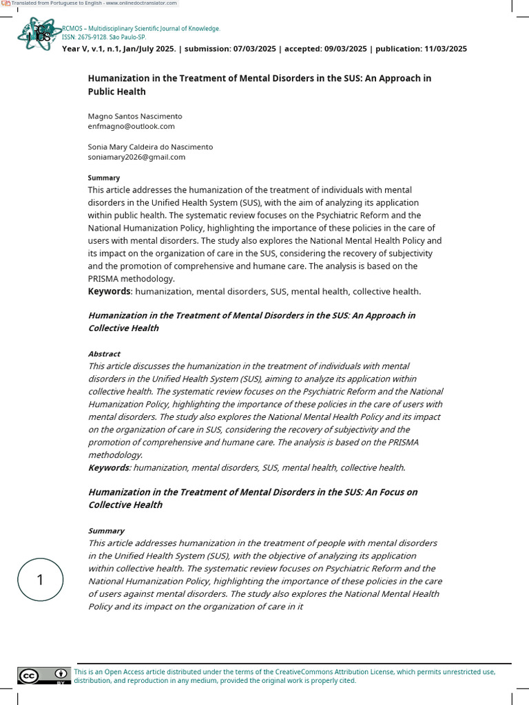 Humanization in The Treatment of Mental Disorders in The SUS | PDF ...