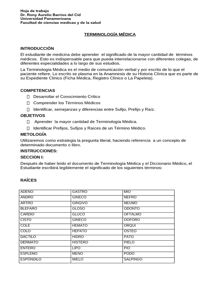 HOJA DE TRABAJO DE TERMINOLOGIA MEDICA (1) | PDF | Especialidades Medicas | Enfermedades y ...