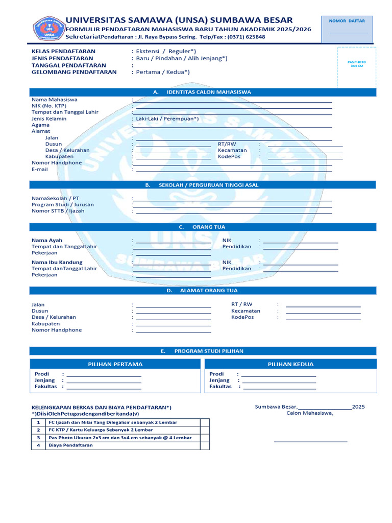 Form Daftar PMB Unsa 2025 | PDF