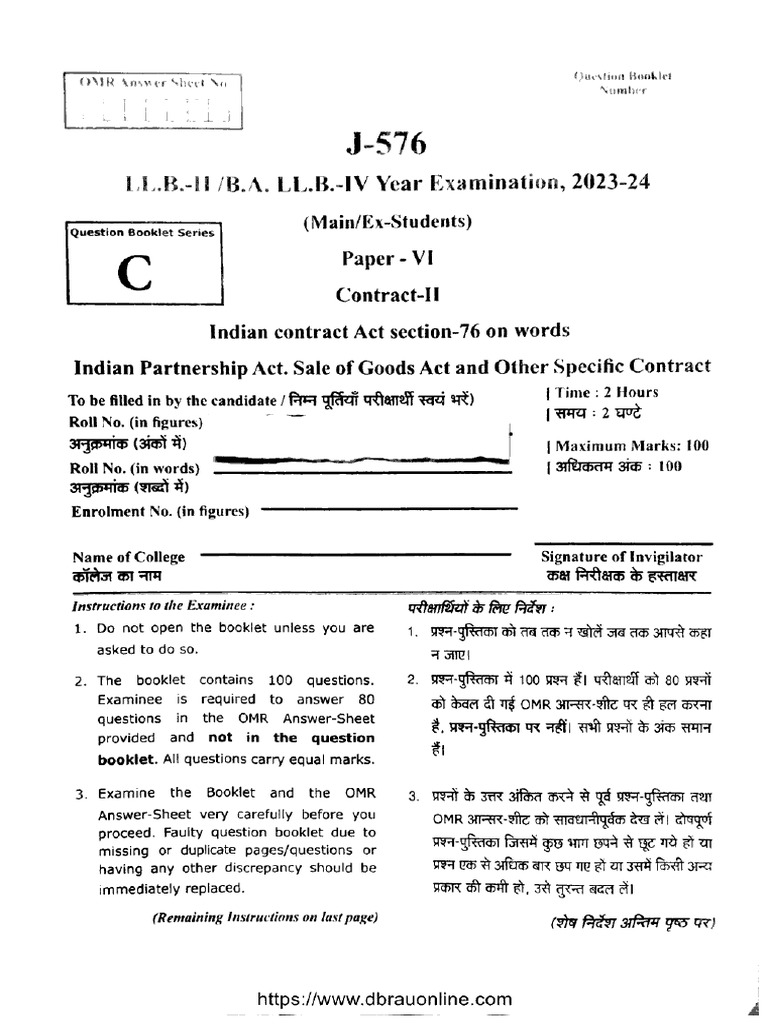 LLB 2 Year Ballb 4 Year Contract 2 p6 Indian Contract Act Section 76 On Words J 576 Set C 2024 | PDF