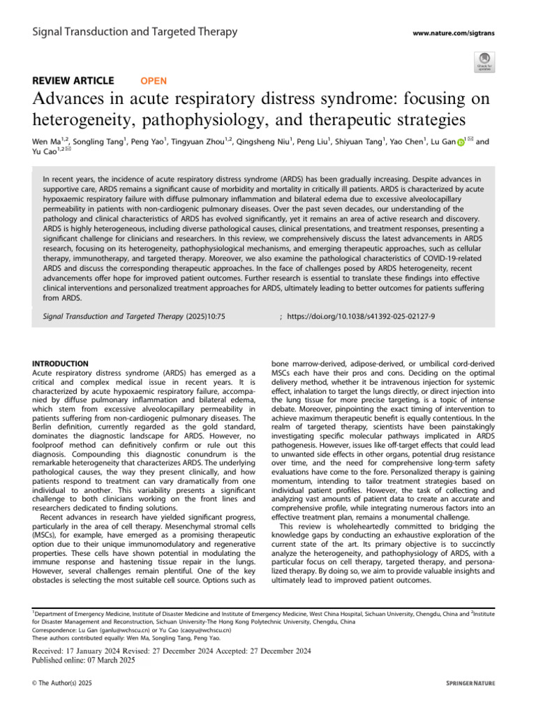 Advances in Acute Respiratory Distress Syndrome: Focusing On ...