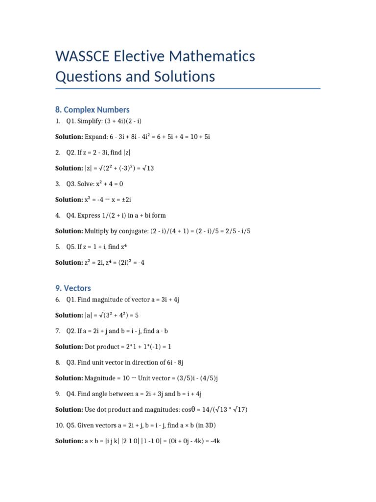 WASSCE Elective Maths Questions Solutions Full | PDF