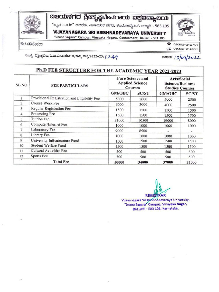 PH.D Fee Structure For The Academic Year 2022 23 | PDF