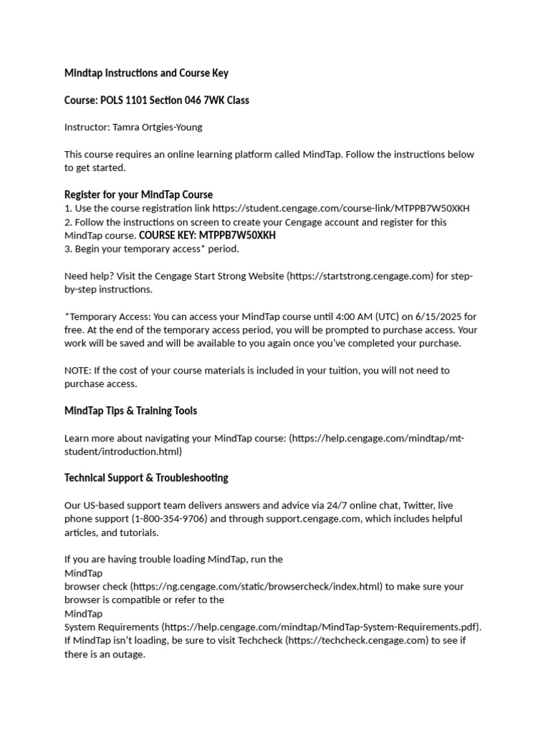 Mindtap Instructions and Course Key - Section 046 SU 2025 | PDF