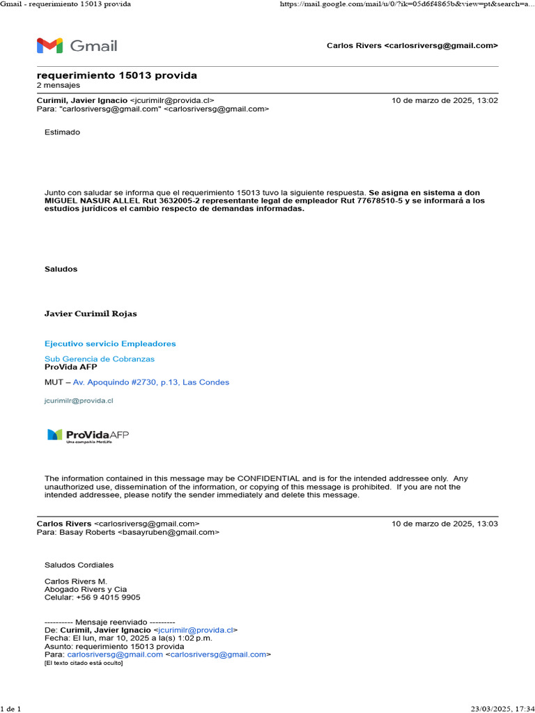 Gmail - Requerimiento 15013 Provida | PDF