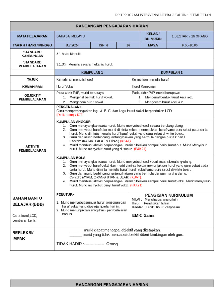 RPH Intervensi Dan Pemulihan (M1-5) | PDF