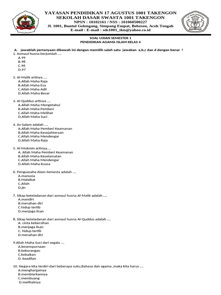 Soal Uas Pai Kelas 4 SMSTR 1 | PDF