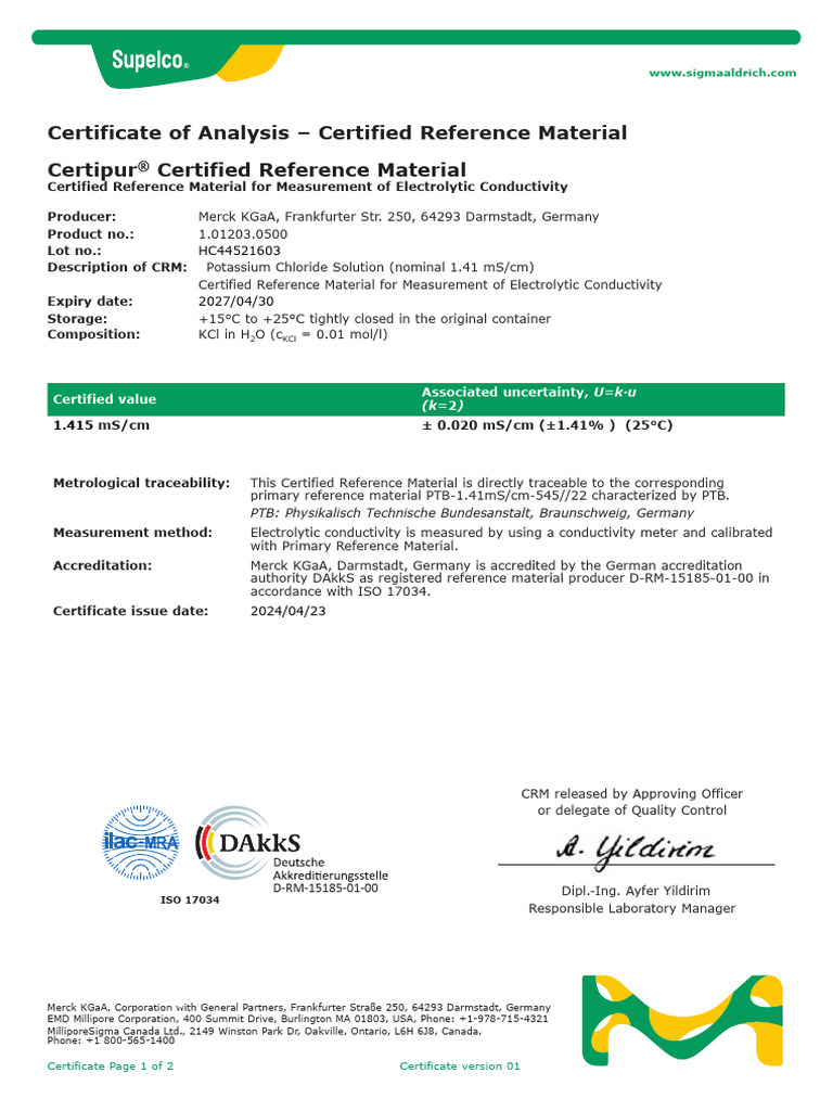 Conductivity Standard 1.41 MS-CM | PDF | Applied And Interdisciplinary ...