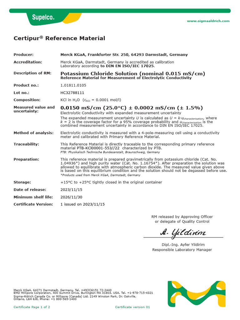Conductivity Standard 0.015 MS-CM | PDF | Sigma Aldrich | Applied And ...