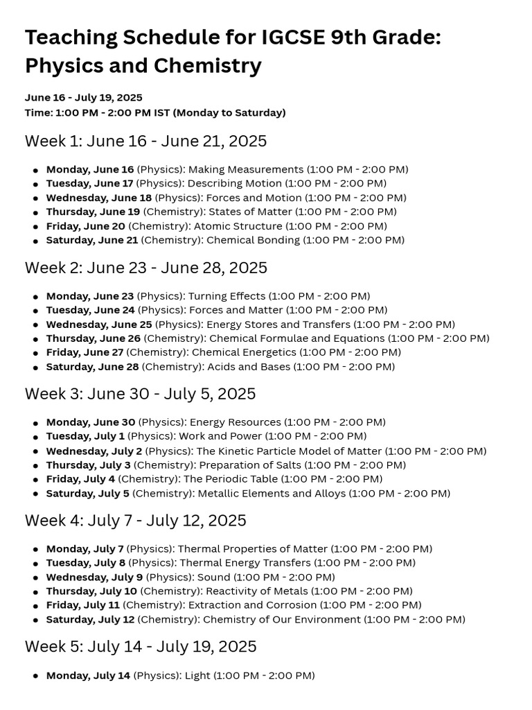 Phy & Chem - Schedule For IGCSE 9th Grade | PDF | Chemistry | Physics